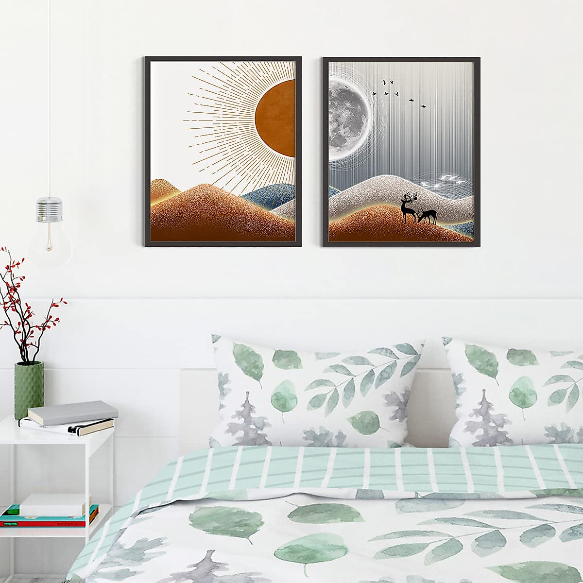 Boho Wall Art - Sun and Moon Art - Boho Bedroom Art - Sunshine Decor - Mid Century Modern Wall Decor - Bathroom, Living Room, Office, Classrooms, Home Wall Decor, Set of 2 Prints, 11x14" Unframed