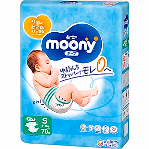 Baby Diapers Tape Type Size Small (9-18 lbs) 70 Counts – Moony Diapers Bundle with Americas Toys Wipes – Japanese Diapers Safe Materials, Indicator Prevents Leakage, Soft for Tummy Packaging May Vary