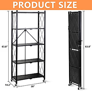 Fenbeli 5 Tier Storage Shelf with Wheels - Metal Collapsible Shelving Unit Display, Heavy Duty Folding Shelves, No Assembly Organizer Rack for Garage Kitchen, Basement, Pantry (Black, 5 Tier)
