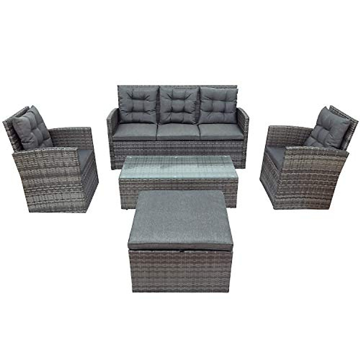 SIYAHOME Conversation 5 Piece UV Outdoor Patio Storage Bench Garden Furniture, PE Modular Set, All Weather Rattan Sofa Dining Table Chair, Grey Wicker, Gray