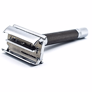 Parker 74R Graphite Gray - Long Handle Heavyweight Butterfly Open Double Edge Safety Razor for Men, 5 Parker Premium Platinum Double Edge Razor Blades included