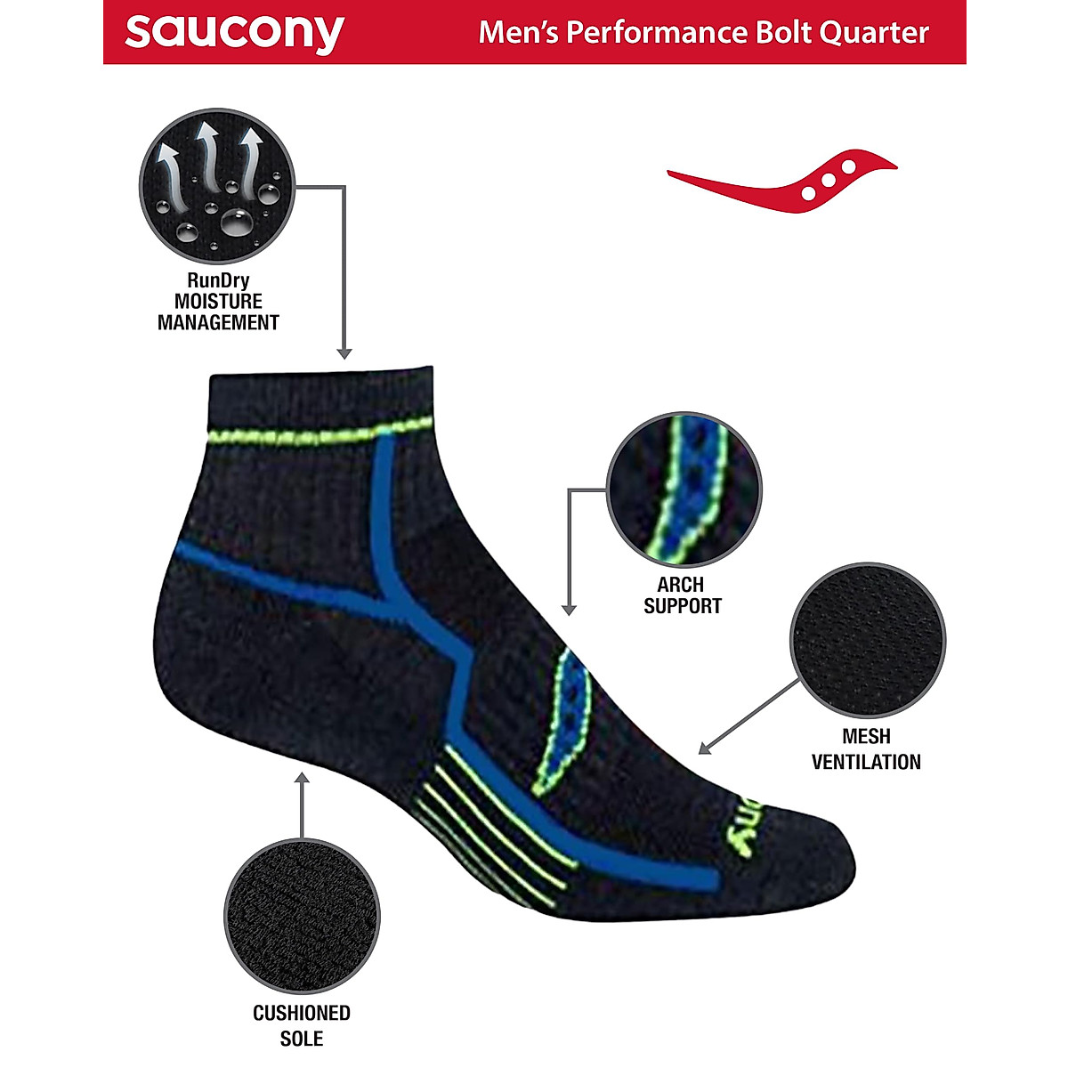 Saucony Men's Multi-Pack Bolt Performance Quarter Socks, Grey (6 Pairs), Shoe Size: 8-12