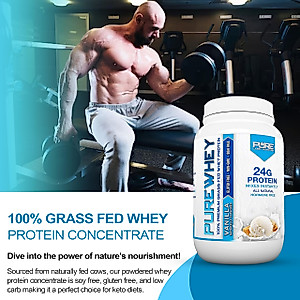 Pure Label Nutrition Vanilla Whey Protein Concentrate, Pre Workout Protein Powder with Essential Amino Acids, 100% Grass Fed, for Post Workout Recovery & Muscle Building, Low Carb - 2lbs