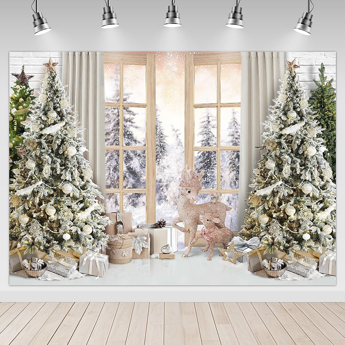 Avezano 10x8ft Christmas Backdrop Xmas Tree Christmas Window Snow Scene Photography Background Winter Holiday Family Portrait Kids Newborn Portraits Backdrops Photo Studio Props