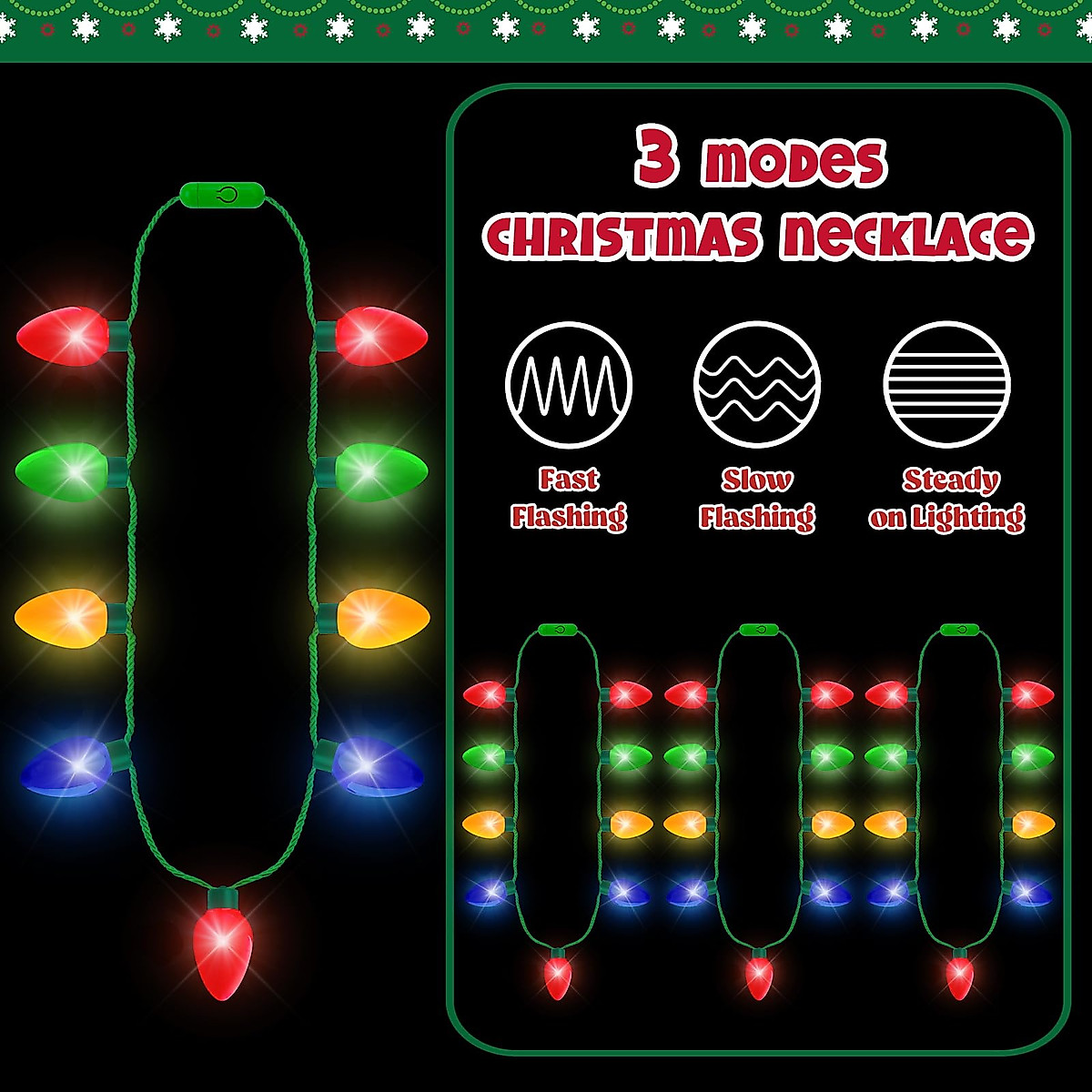 Christmas Party Favors, 2PCS Light Up Christmas Necklace, 3 Modes Christmas Necklace, LED Christmas Accessories for Kids Red Yellow Blue Green Bulbs Glow Necklaces New Year Ugly Sweater Party