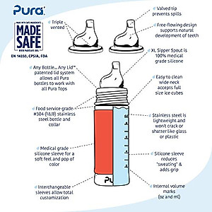 Pura Kiki 11 oz / 325ml Stainless Steel Sippy Cup Bundle w/ 2 Pack of Silicone XL Sipper Spouts & Sleeve, Aqua (Plastic Free, NonToxic Certified, BPA Free)