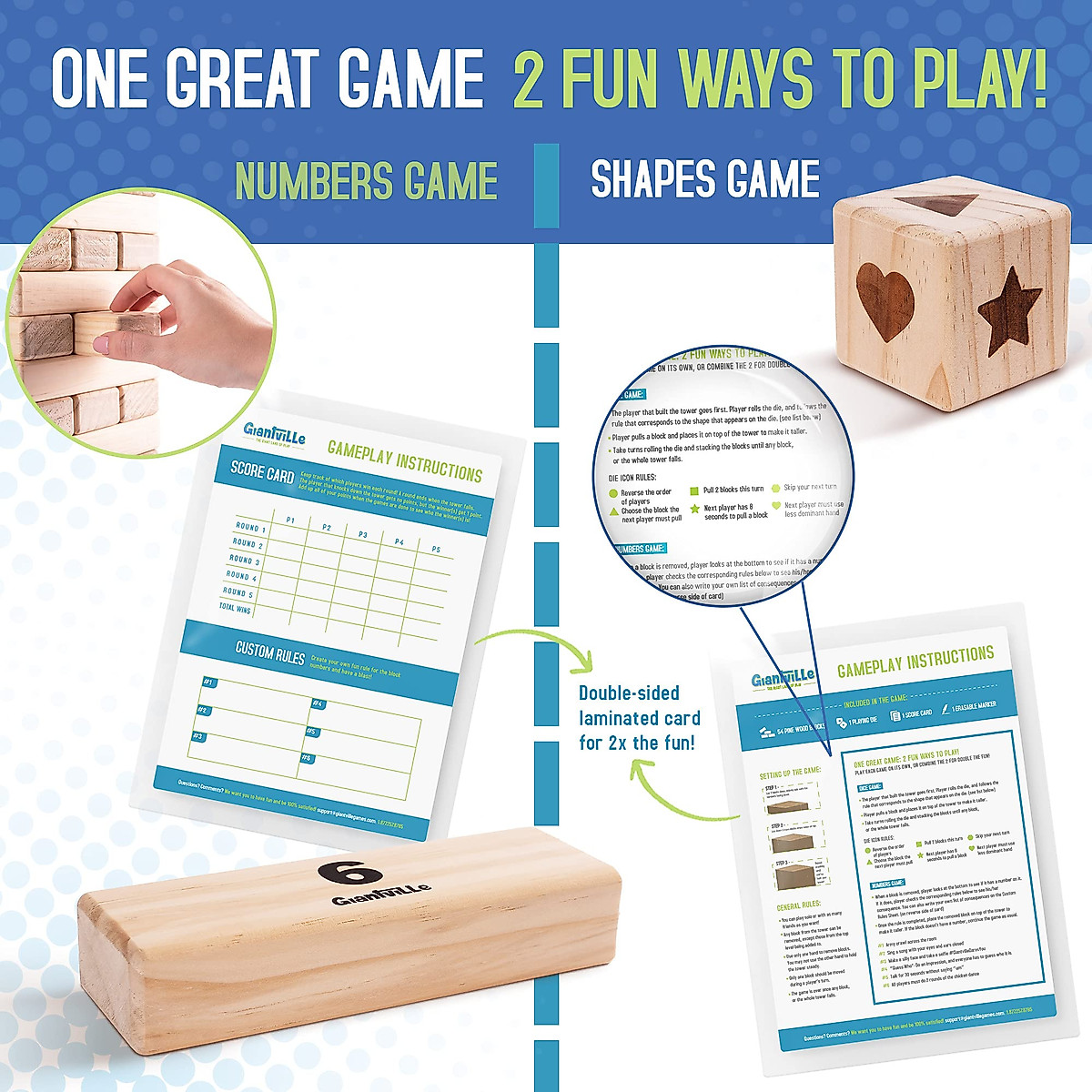 Giantville Giant Tumbling Timber Toy - Premium Pine Wood Life-Size Blocks Tower - Big Floor/Board Indoor/Outdoor Yard Game for Kids & Adults - 54-Pieces + Dice + Carry Bag - Grows to Almost 4-Feet