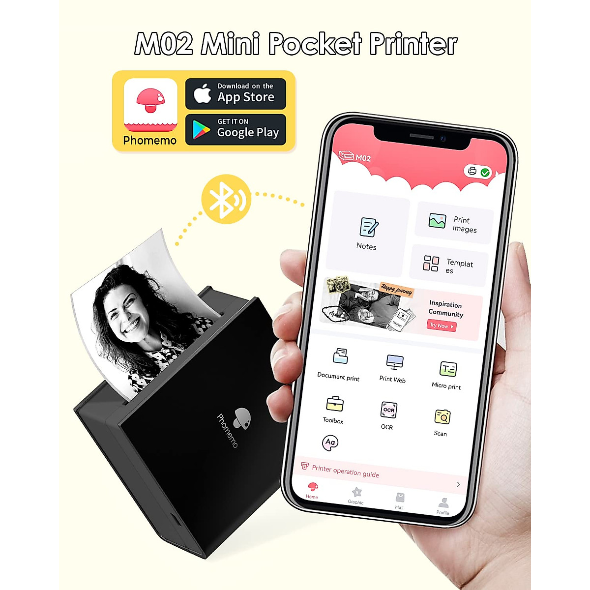 Memoqueen Mini Sticker Printer - M02 Wireless Pocket Printer, Compatible with iOS & Android, Photo Printer for Phone, for Fun Christmas Sticker, DIY Journal, New Year Gift, Black