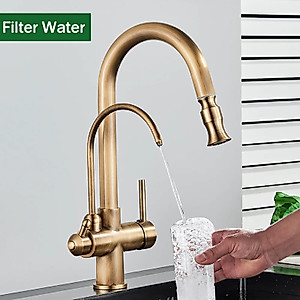 WTEZRSRGG Pull Out Kitchen Faucet with Drinking Water Filter Faucet 2 in 1 Antique Brass Kitchen Sink Faucet 360° Swivel Cold and Hot Water Kitchen Mixer Tap with 2 Handles