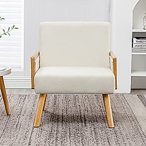 MELLCOM Beige Rattan Chair, Mid Century Modern Accent Chair, Upholstered Chairs with Bamboo Knitting and Solid Wood Legs, Comfy Linen Fabric Armchair for Club, Living Room, Bedroom,Beige-26.4''w