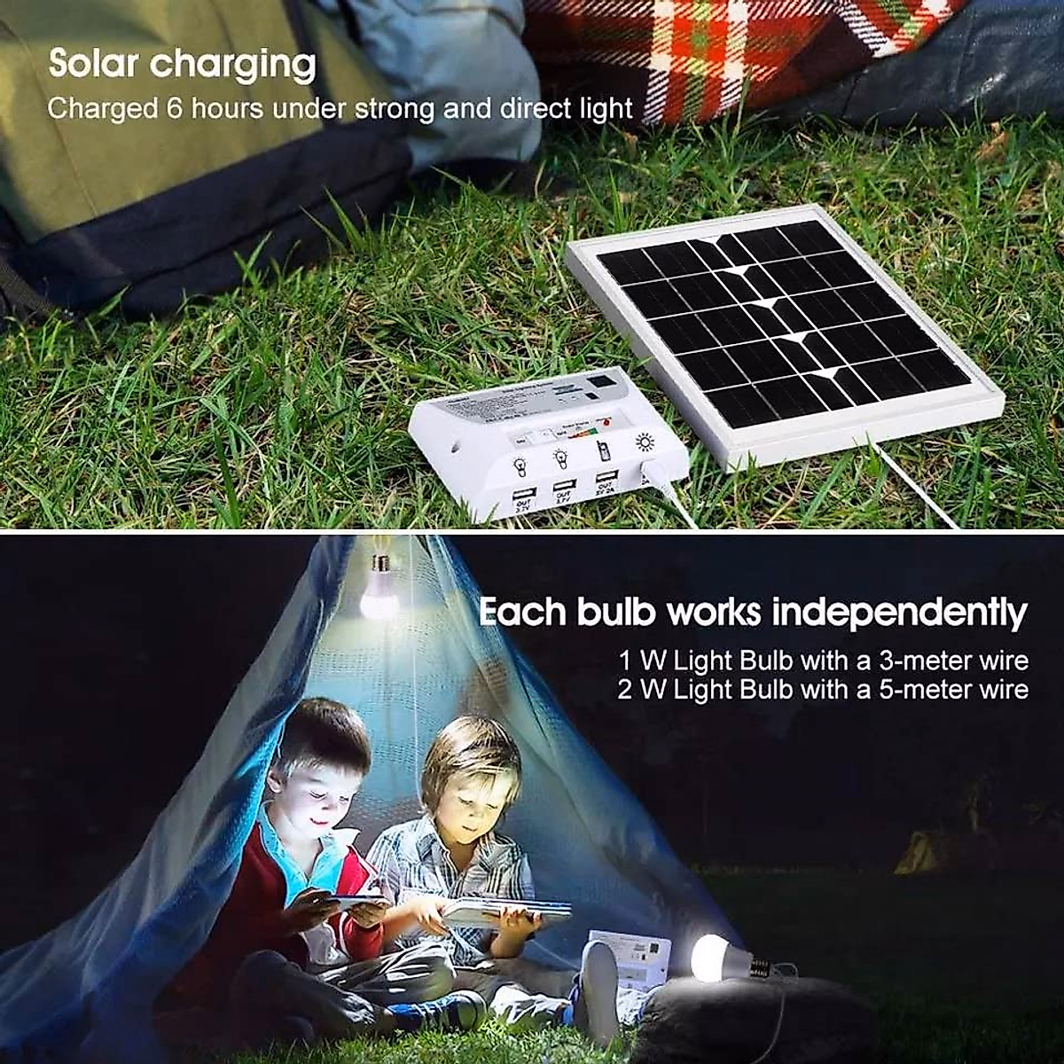 Home Solar Lighting System Mini Kit with Mobile Phone Charging Capability USB Charger for Home- for Camping- for RV 5W 5V (Includes 2 Low Watt Light Bulbs)