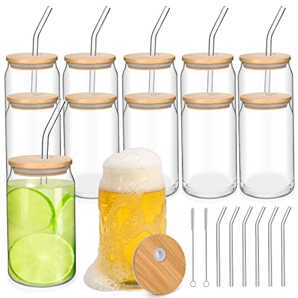 Drinking Glasses with Bamboo Lids and Glass Straw-16oz Can Shaped Glass Cups,Beer Glasses,Iced Coffee Glasses,Ideal for Cocktail,Whiske,Soda,Bubble Tea,Juicing, Smoothies(12pcs Set+2 Cleaning Brushes