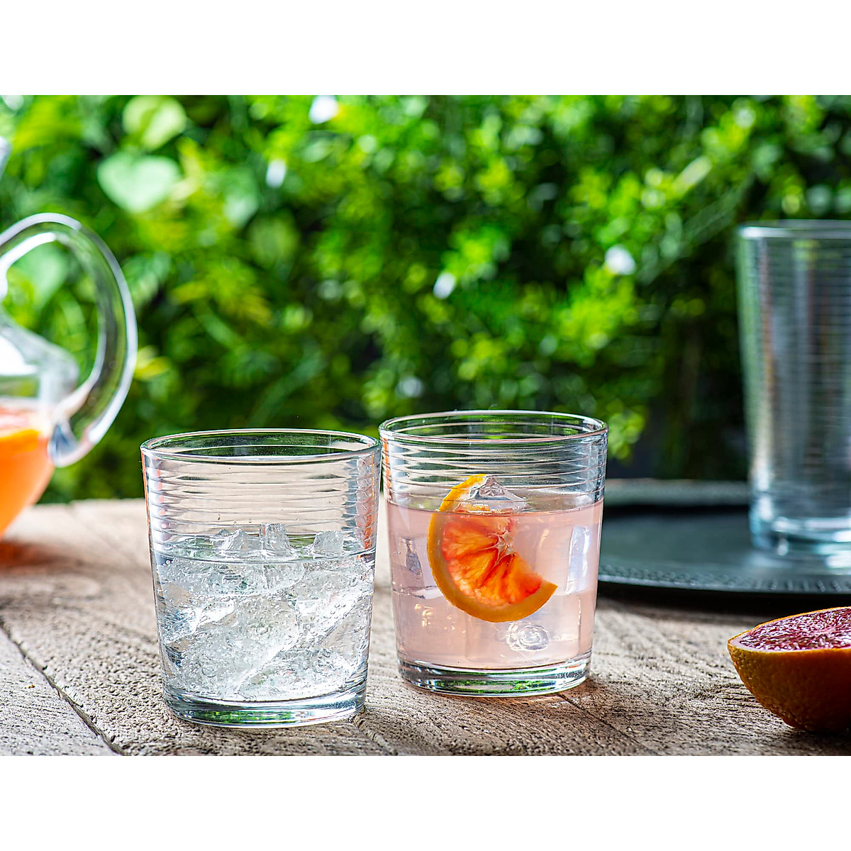 Le'raze Set of 8 Heavy Base Ribbed Durable Drinking Glasses Includes 4 Cooler Glasses (17oz) and 4 Rocks Glasses (13oz), Clear Glass Cups - Elegant Glassware Set