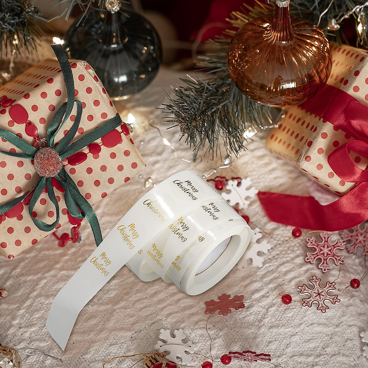 NUOMI 1000 PCS Merry Christmas Stickers Round Adhesive Seal Labels Gold Foil Stamping on Clear for Xmas Decor Envelope Cards Gift Packaging, 1 Inch