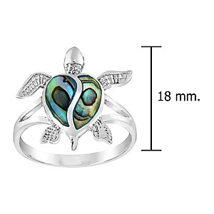 AeraVida Ocean Love Sea Turtle with Heart Shaped Shell & Abalone Seashell Inlays in Sterling Silver Ring Sizes 7-9 for Beach Inspired Style with Tendy Surfer Vibes
