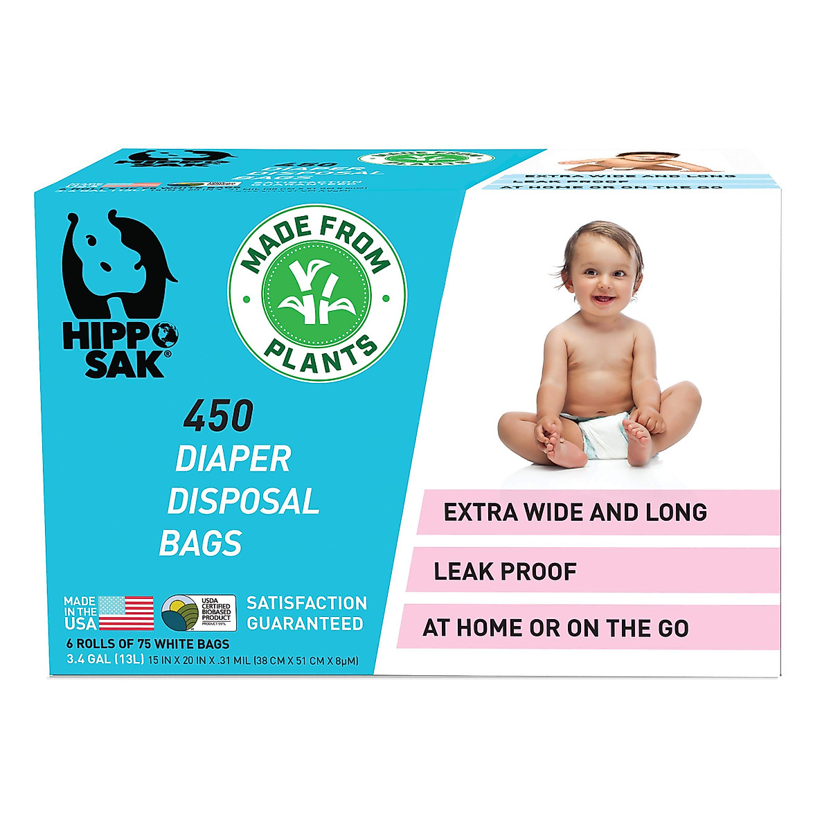 Hippo Sak Plant-Based Diaper Disposal Bags, 450 Count