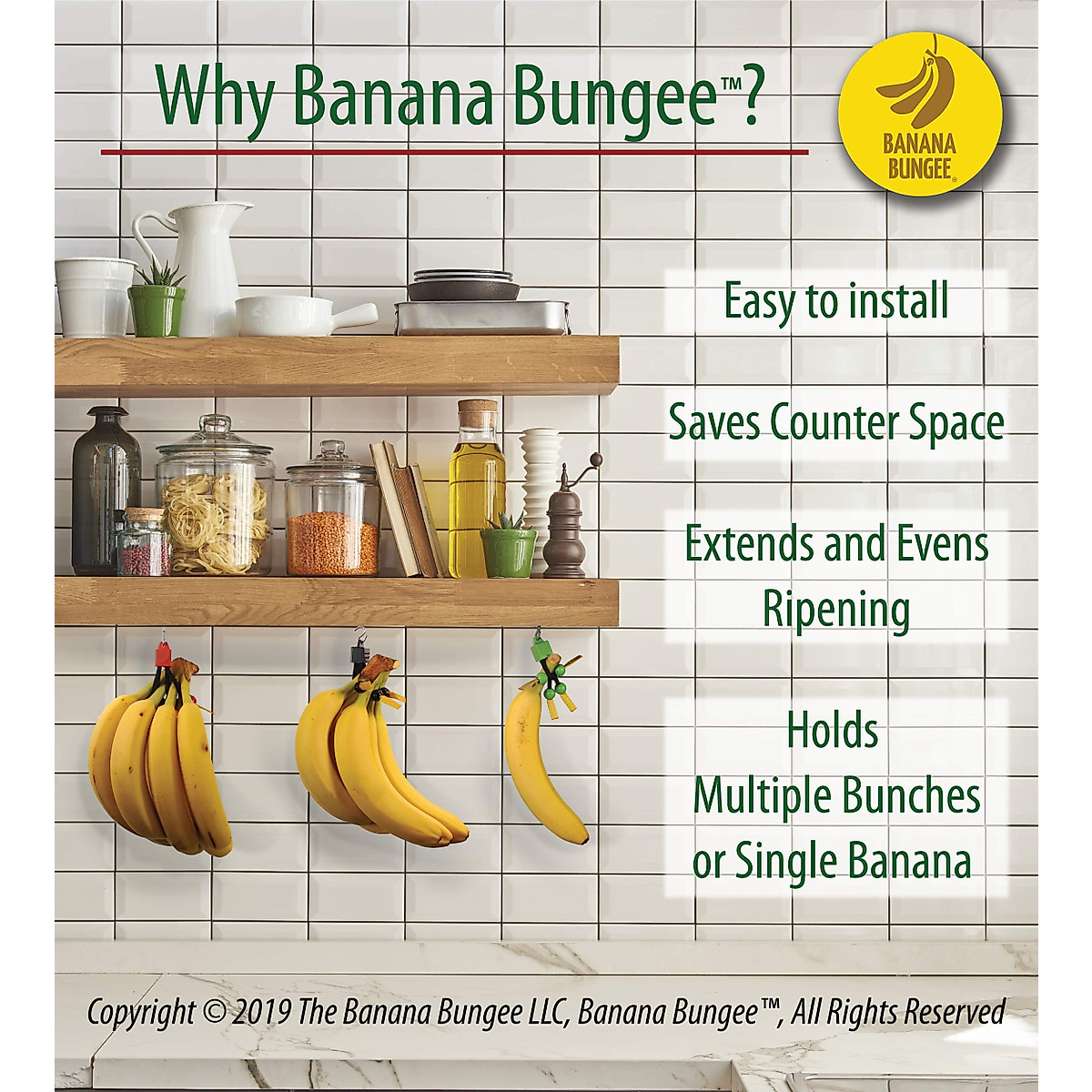 Banana Bungee The Original Banana Hanger Under Cabinet Banana Hook Under Cabinet & Banana Holder Stand Alternative - Made in The USA - Banana Storage for Multiple or Single Banana Holder Hook