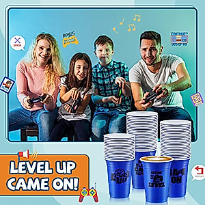48 Pcs Disposable Video Game Party Plastic Cups, 16 oz Blue Video Game Party Favors Plastic Stadium Cups, Hot Cold Drinks for Kids Gamer Birthday Video Game Party Decorations, 4 Design