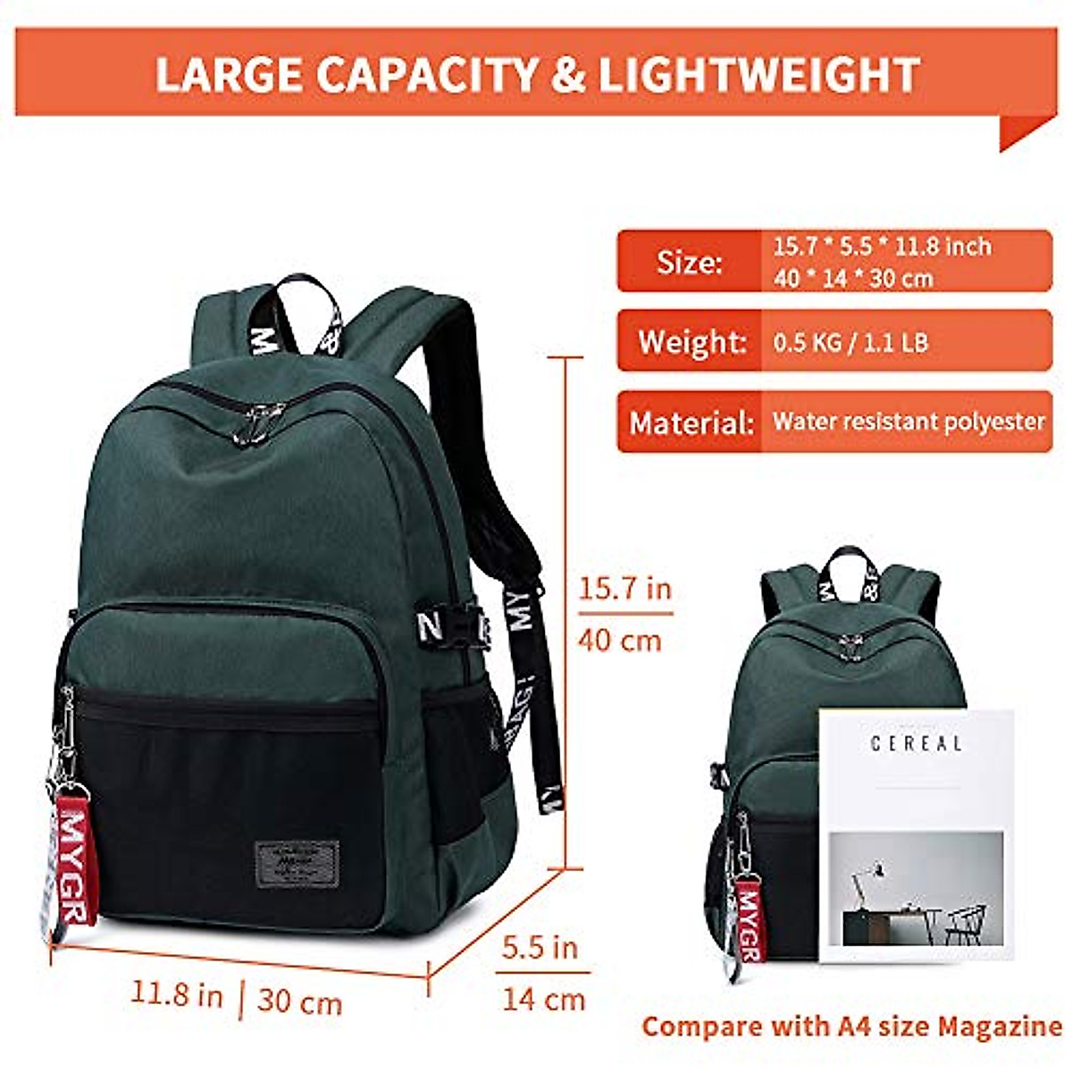 mygreen Unisex Classic Water Resistant School Rucksack Travel Backpack 14Inch Laptop Army Green