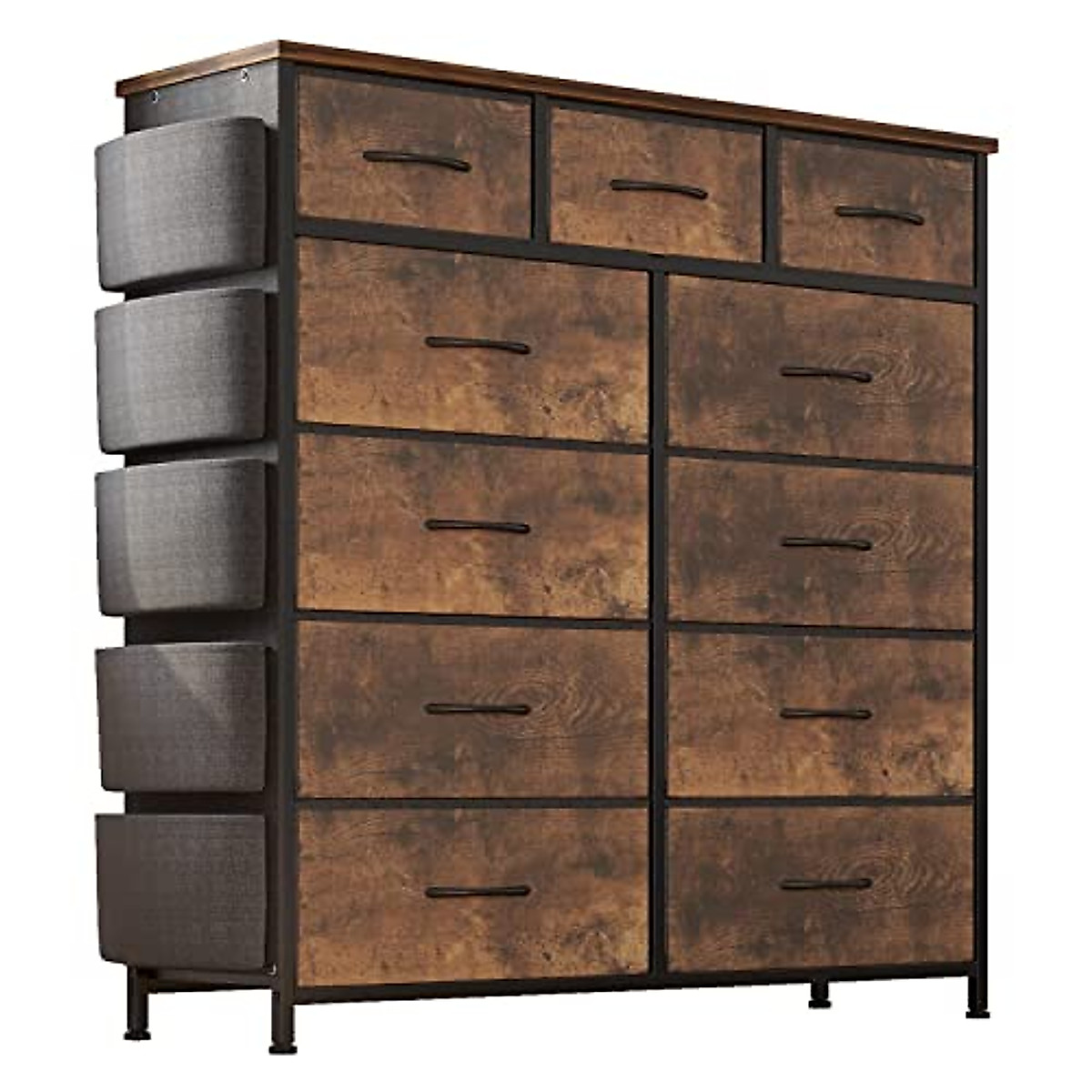 LIVEHOM 11 Dresser Drawer for Bedroom, Chest of Drawers with Side Pockets, Hooks, Fabric Storage Drawer, Steel Frame, Wood Top, Organizer Unit and Pull Handle for Closet, Nursery