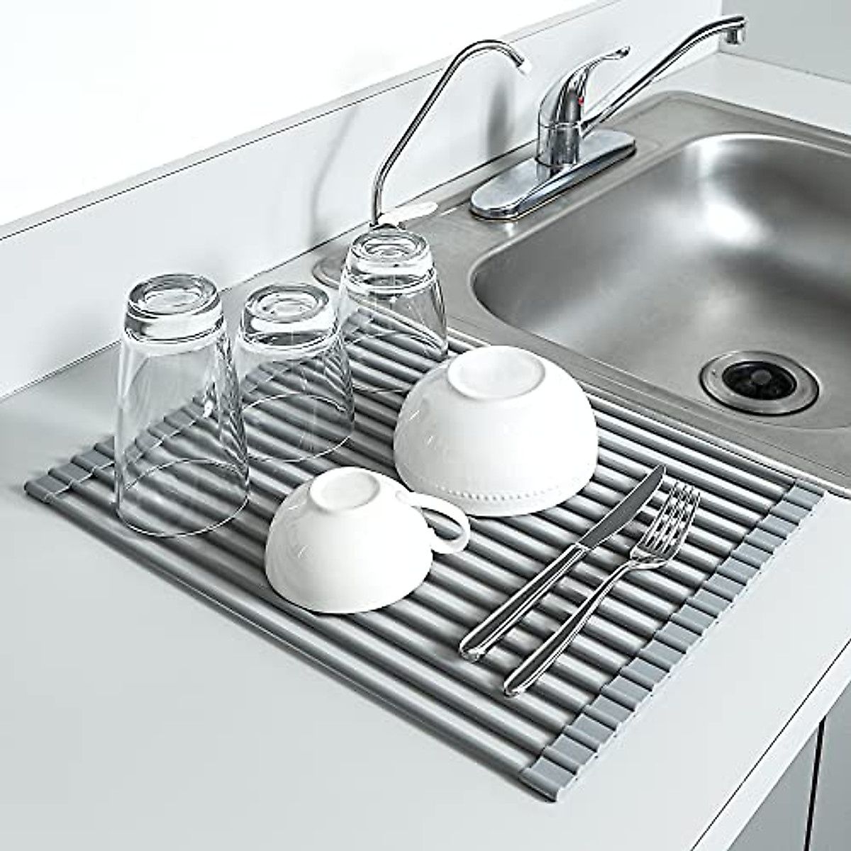 Goodful Roll Away Multipurpose Dish Drying Rack, Cooling Mat, Trivet, Easy Storage, Dishwasher Safe, Medium, Gray