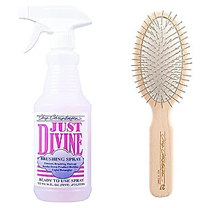 Chris Christensen Grooming Bundle - Just Divine Ready to Use Brushing Spray for Dogs, Prevents Brushing Damage, Light Detangler - 27 mm Original Series Oval Pin Brush, Stainless Steel Pins, Beech Wood