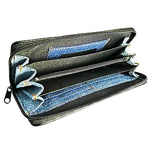 Bijoux De Ja Upcycling Blue Denim Money Zip Around Wallet Wristlet Purse Clutch for Women