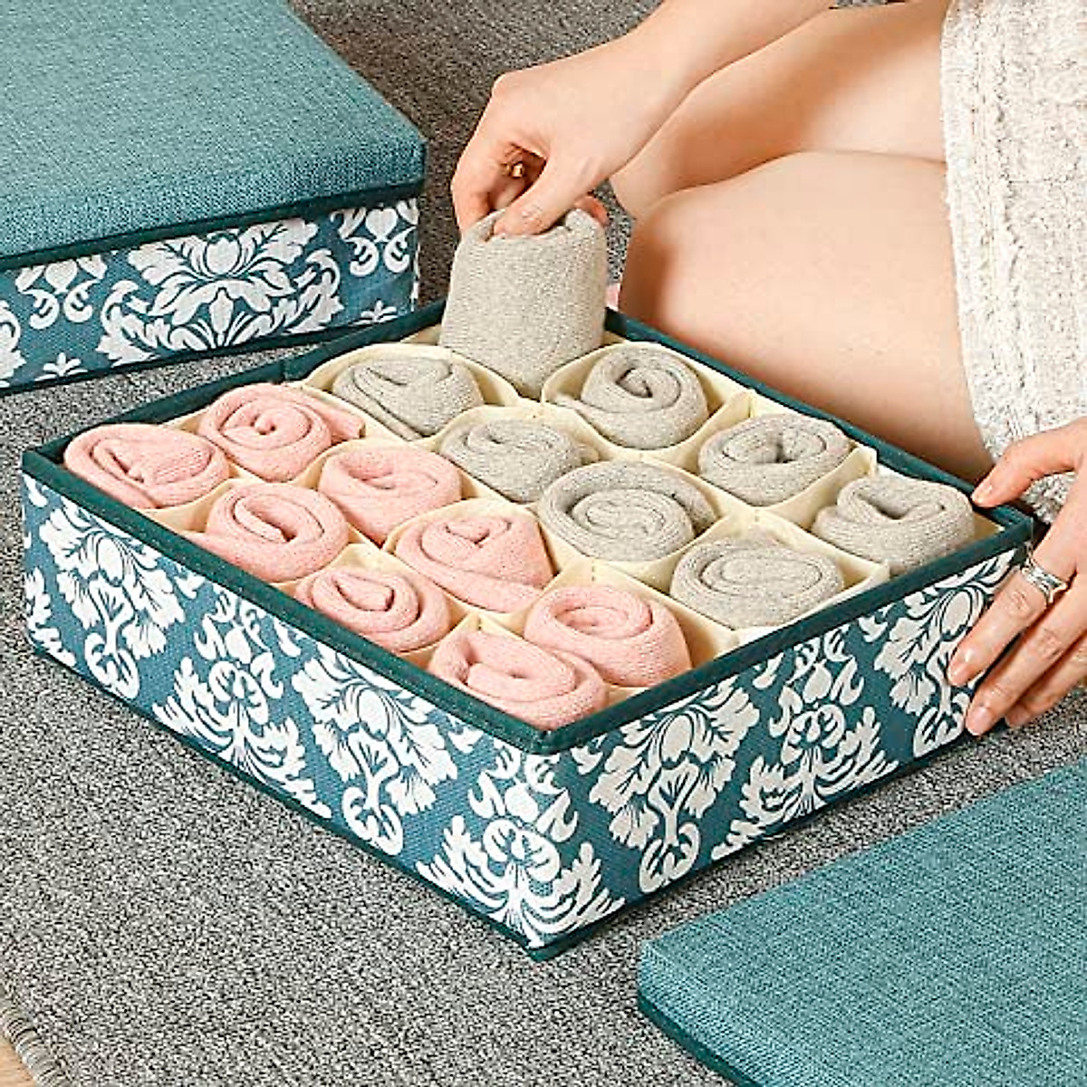 SEEKIND Storage Box, Decorative Storage Bins with Lid,6 in 1 Set,with Handles,Foldable for Space Saving Storage Boxes,for Bras,Clothes, Cosmetic,Blankets (Turquoise)