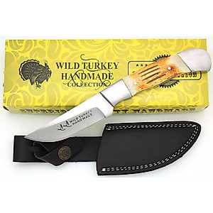 Wild Turkey Handmade Collection Full Tang Camel Bone Handle Fixed Blade Hunting Knife w/Leather Sheath Outdoors Fishing Camping Hunting … (Burnt Bone)