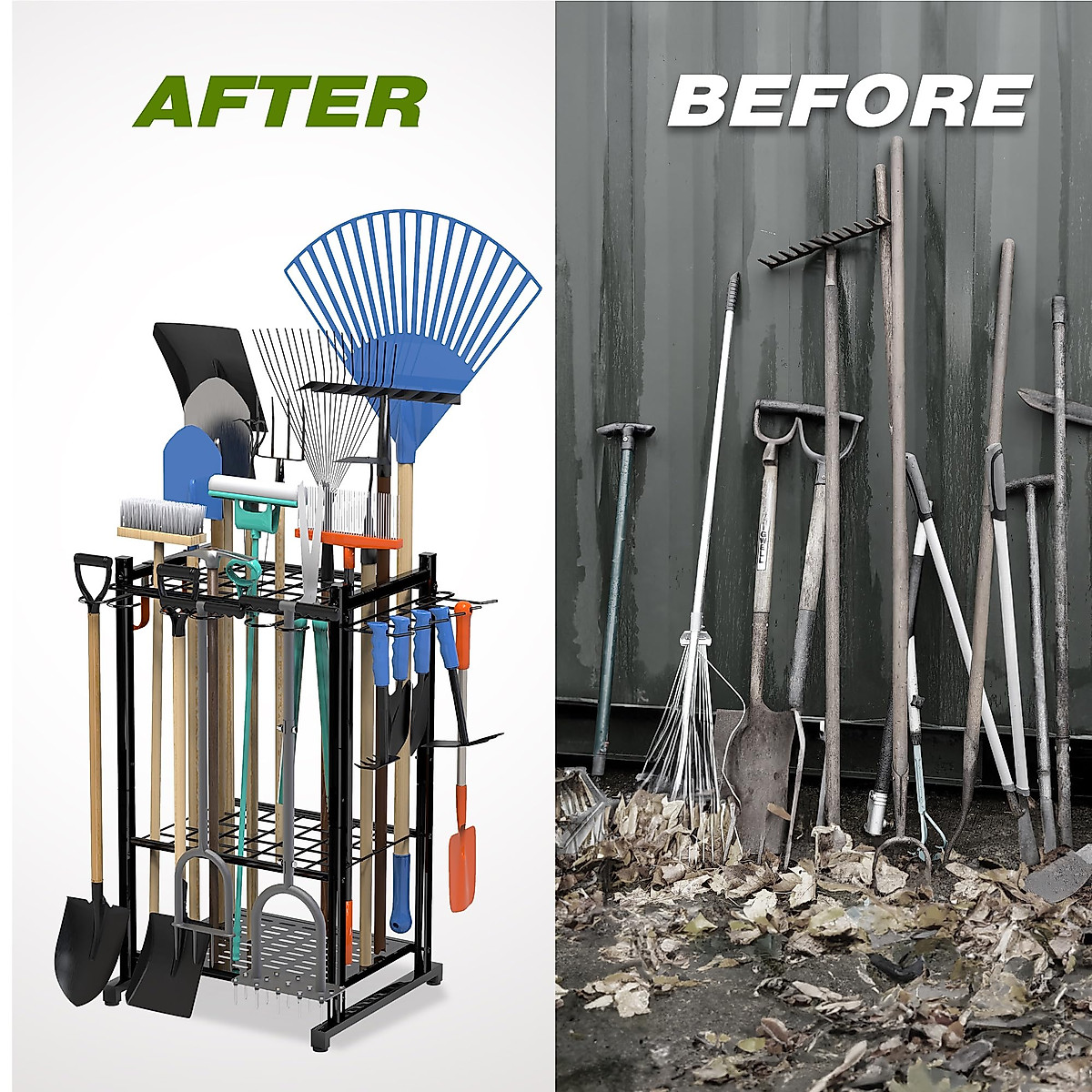 Sttoraboks Garden Tool Organizer with Storage Hooks, Yard Tool Tower Rack for Garage Organization and Storage, Up to 50 Tools, Heavy Duty Steel Garden Tool Stand for Garage, Outdoor, Home, Black