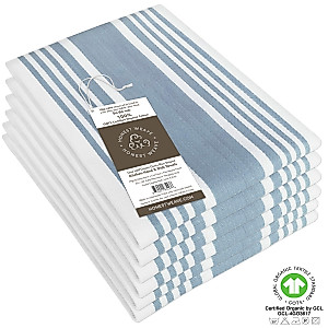 HONEST WEAVE GOTS Certified Organic Cotton Kitchen Hand and Dish Towel Sets - Oversized 20x30 inches, Fully Hemmed, in Designer Colors, 6-Pack, Dusty Blue Stripe