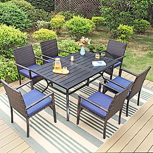 Sophia & William 8 Pieces Patio Dining Furniture with 13 Ft Navy Double-Sided Twin Umbrella, Outdoor Rattan Chairs & Metal Table Set with Cushions and 1.57" Umbrella Hole for Backyard Porch Poolside