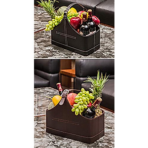 Leather Storage Basket,MDF structure Wine Flowers Fruits Magazine Holder Rack/ Bins,with Top handle for holiday presents gifts display (Middle, Coffee)