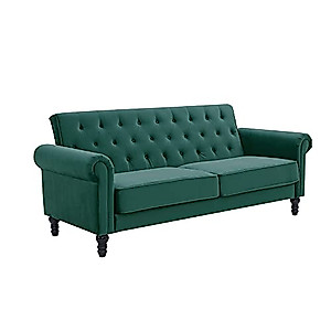 Classic Sofa Couch Mid Century Upholstered Velvet Fabric Tufted Sofa with Scroll Arms for Living Room Bedroom Apartment (Green) (CY001)