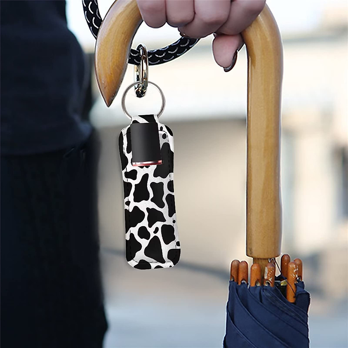 Suobstales Cow Print Chapstick Holder Keychain Neoprene Lip Balm Holder Black White Animal Print Lip Gloss Keychain Portable Chapstick Tubes Holder Pocket Keychain Bag Lipstick Case