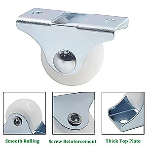 Cionyce 20 Pcs 1" Caster Wheels Rigid Non Swivel Fixed Casters with Metal Top Plate White Hard Plastic Wheels for Furniture, Silver