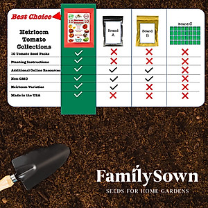 Heirloom Tomato Seeds by Family Sown - 10 Seed Packets of Non GMO Heirloom Tomatoes Including Brandywine, Roma, Tomatillo, Cherry Tomato Seeds and More in Our Seed Starter Kit