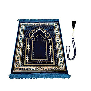 TB Muslim Prayer Rug Thick, Islamic, Soft Velvet Mat Ramadan Gift, with Prayer Bead Unique Decoration Gilded Gold-Like Embroidered for Women Man Kids Meditation Turkish African (Blue)