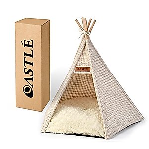 OASTLÉ Dog & Cat Teepee, Small to Medium Pet Teepee Bed with Thick Plush Pad, 27 Inch Tall, Cat Teepee and Dog Tent Bed for Pets Up to 20lbs