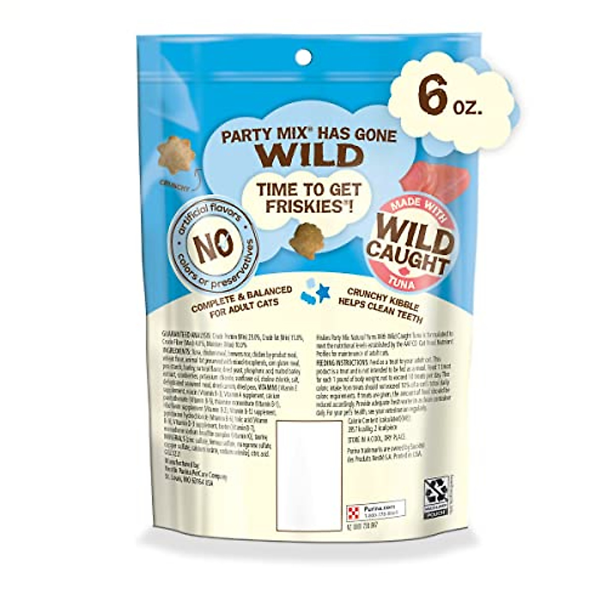 Purina Friskies Natural Cat Treats, Party Mix Natural Yums With Wild Tuna - (6) 6 oz. Pouches