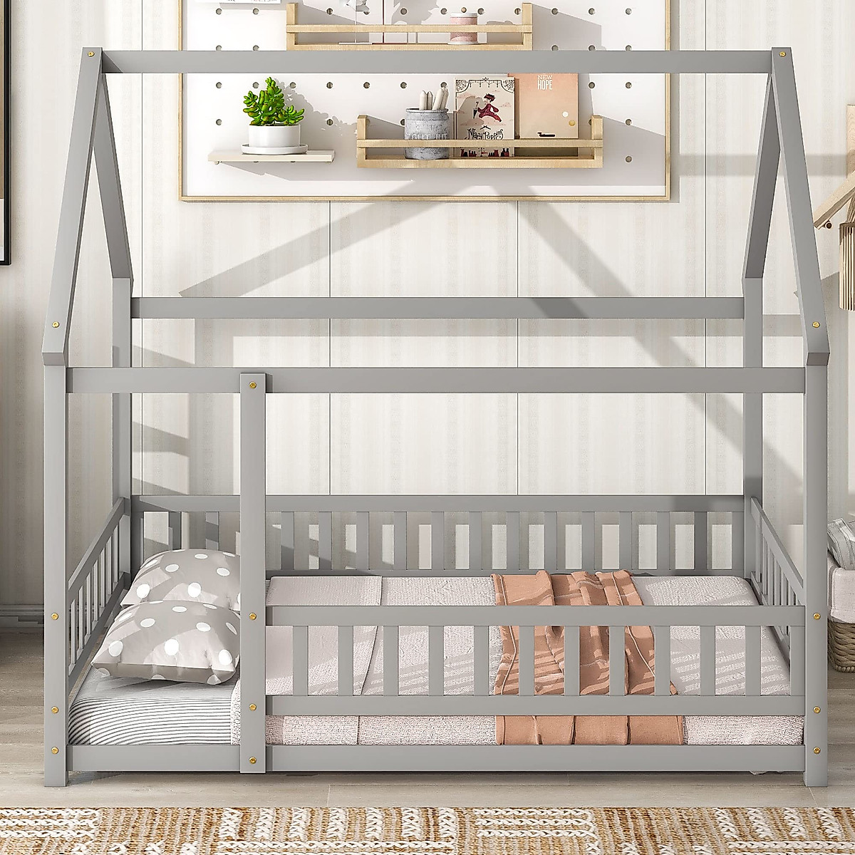 HZHOME Size House Floor Bed Wooden Montessori Bed with Fence and Roof for Kids Playhouse Style Bed Frame for Girls Boys Teens, Grey