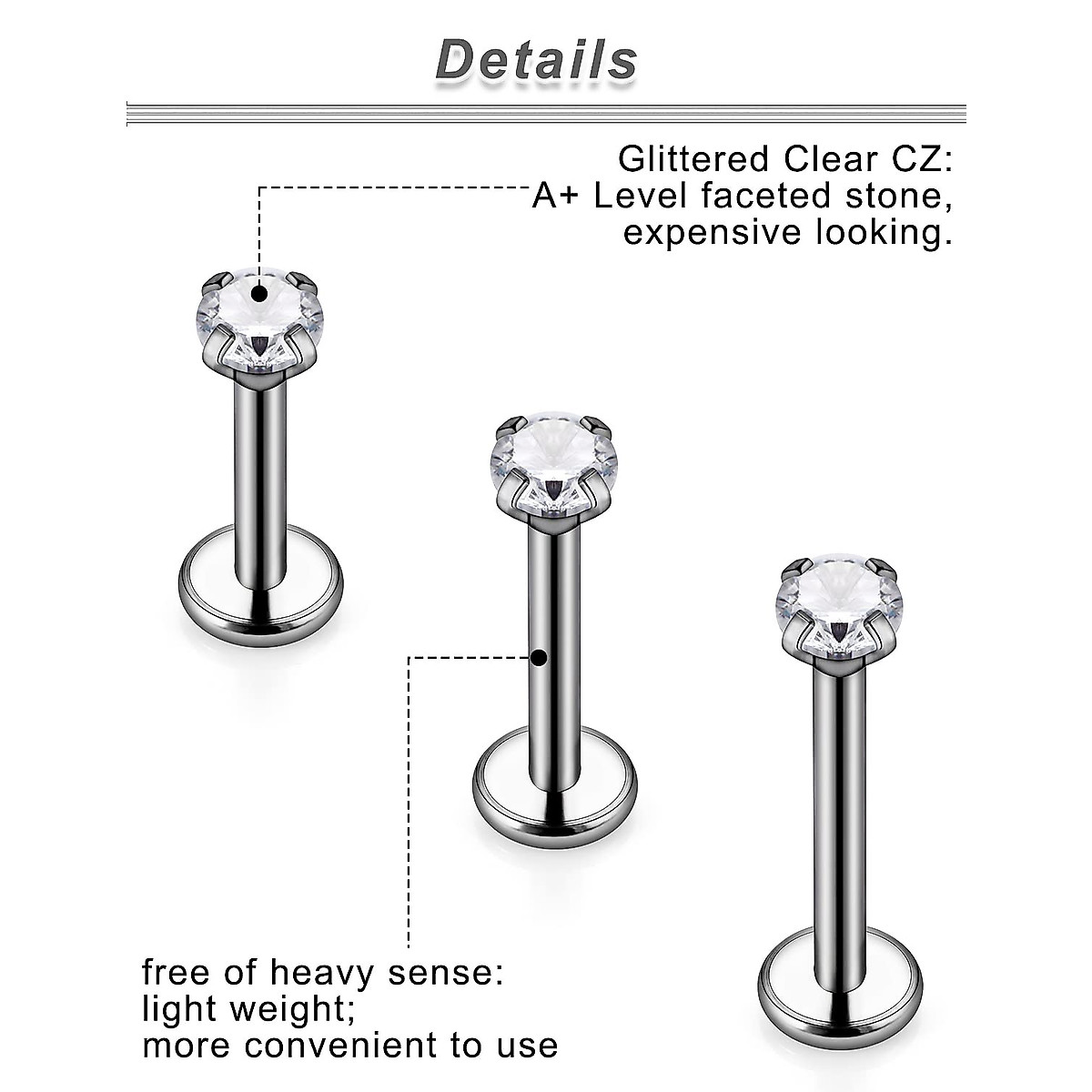Ocptiy 16G G23 Titanium Lip Labret Monroe Medusa Ashley Ring Stud Hypoallergenic Flat Back Screw on Cartilage Tragus Helix Ear Earring Piercing Jewelry Stainless Surgical Steel Women Men 6mm 8mm 10mm