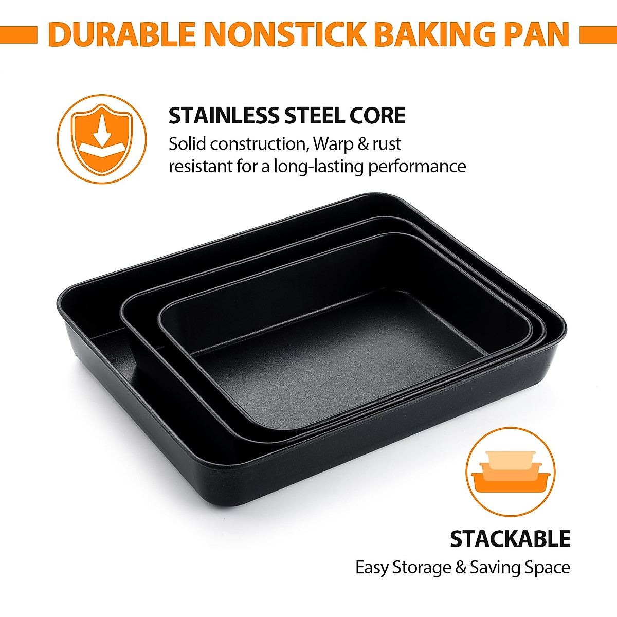 E-far Baking Pans with Lids Set of 3, Nonstick Sheet Cake Pan for Oven Lasagna Brownie Casserole - 12.5/10.5/9.4Inch, Rectangle Metal Bakeware Set, Stainless Steel Core - 6 Pieces(3 Pans + 3 Covers)