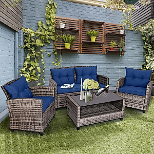 Tangkula 4 PCS Patio Wicker Conversation Furniture Set, Outdoor Rattan Sofa Set with Padded Cushion & Tempered Glass Coffee Table, Wicker Sectional Sofas & Table for Courtyard Balcony Garden (1, Navy)