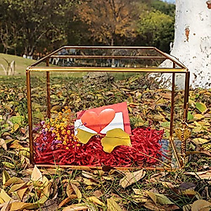 QLQSIMON 10.2'' Handmade Gold Geometric Terrarium - Glass Wedding Card Box with Slot and Lock- Large Clear Display Box for Wedding Reception, Wishwell, Keepsake