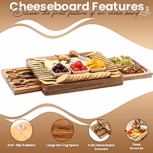 Giate 2 Drawer Acacia Wood Cheese Board |Charcuterie Boards Gift Set - Elegant for Mom - Chauratri Board Set & Knife Set -Charcuterie Board Large House Warming Gifts New Home