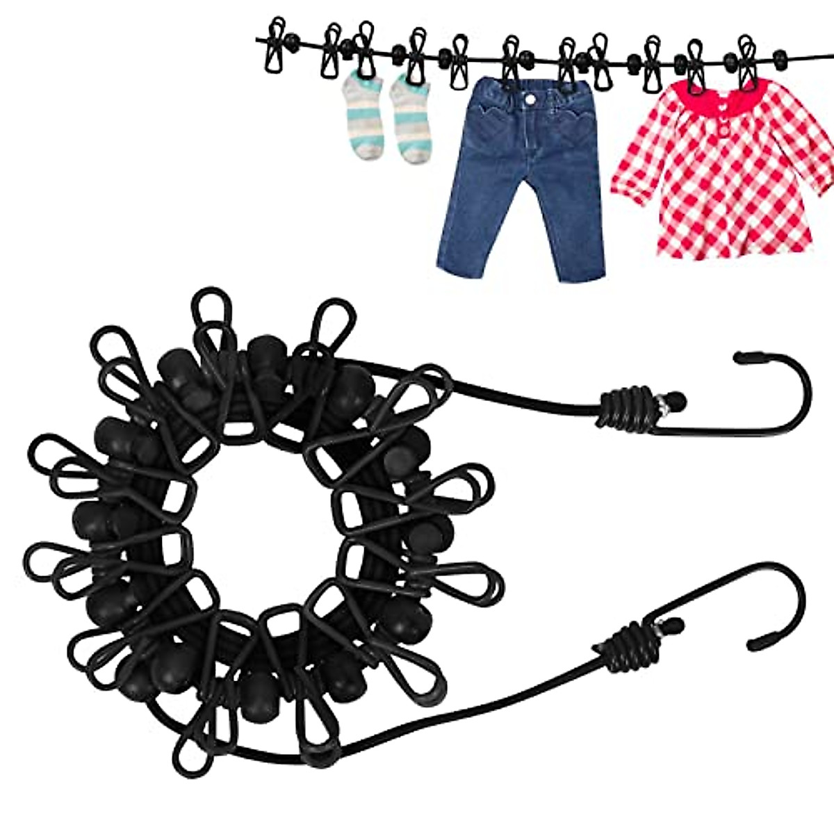 FYY Clothesline, Portable Elastic Travel Camping Clothes line with 12 Black Clips, Retractable Laundry Drying line for Home, Backyard, Hotel, Outdoor and Indoor Use (Black)