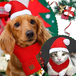 6 Pieces Christmas Dog Santa Hat and Scarf Include 3 Adjustable Christmas Cat Hat and 3 Pet Knit Red Scarf with White Pompom Ball Striped Scarf Winter Pet Accessory for Small Medium Large Dog