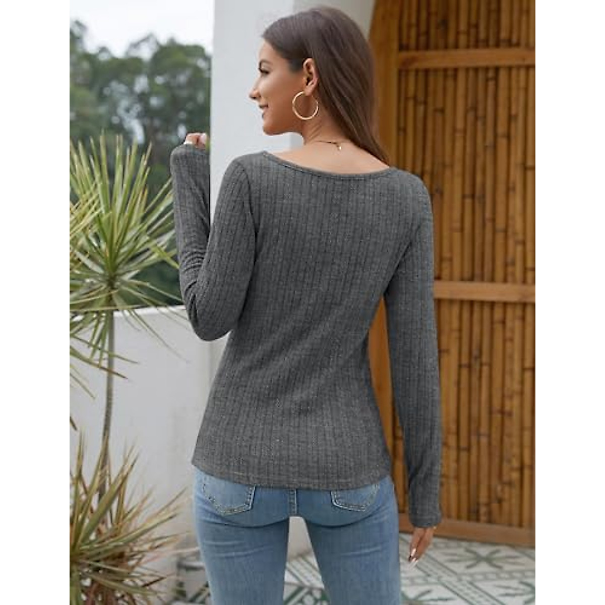 Ivicoer Womens Blouses and Tops Dressy Sexy Knitted Basic Fitted Tops V - Neck Long Sleeve Shirts Trendy Clothes Dark Gray S