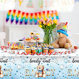 Bear Baby Shower Tablecloth Plastic Bear Table Cover We Can Bearly Wait Baby Tablecloth Bear Balloon Star Flower Table Cover for Kids Birthday Party and Baby Shower, 54 x 108 Inch (Blue,6 Pack)